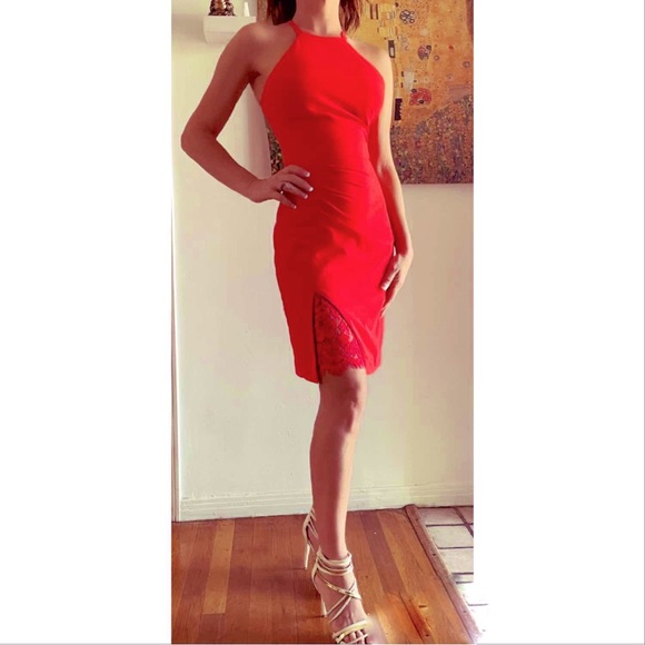 Dresses | Bebe Red Halter Mini Bodycon Dress | Poshmark